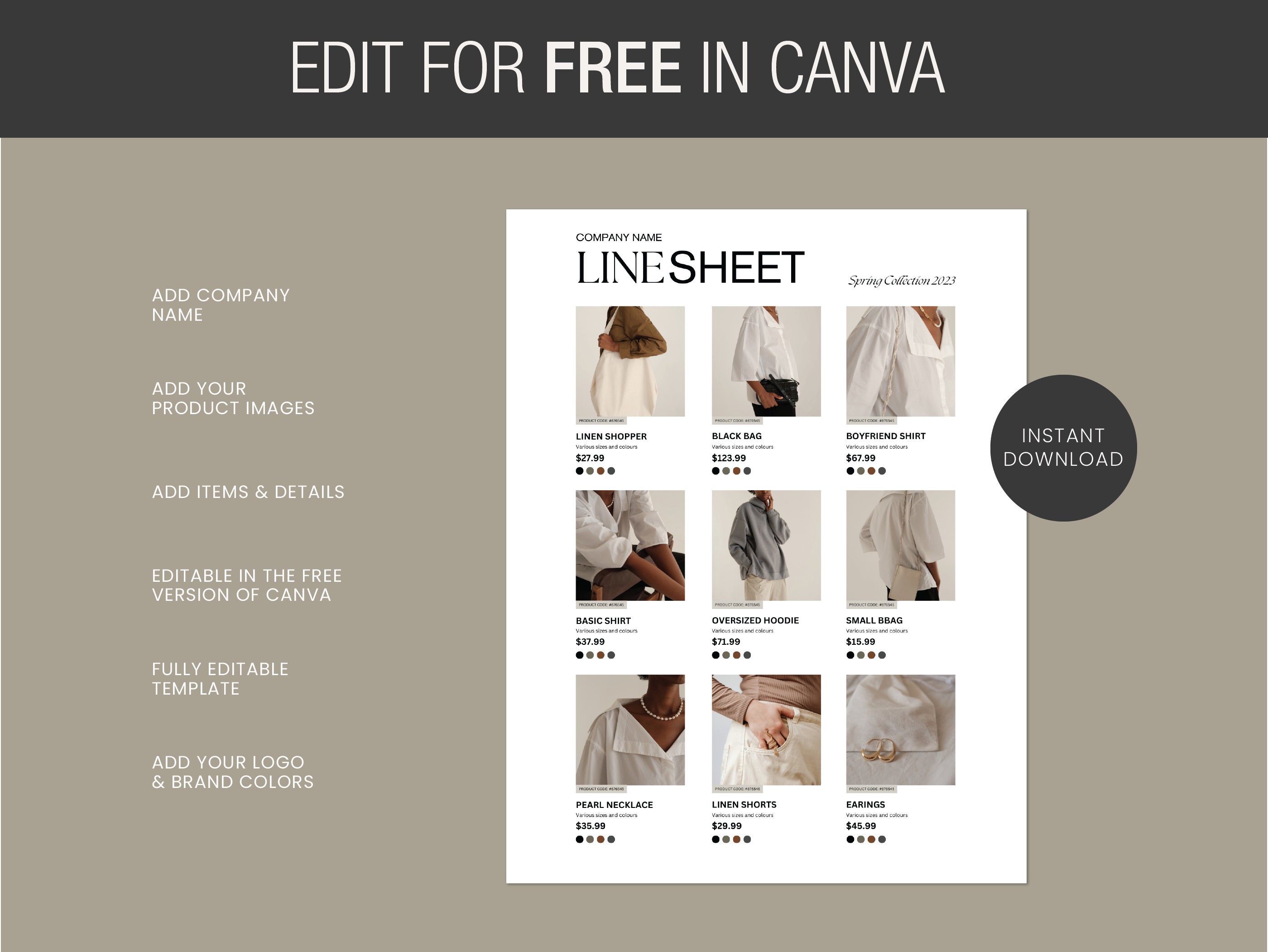 Line Sheet for Wholesale, Price List Template, Editable Template ...