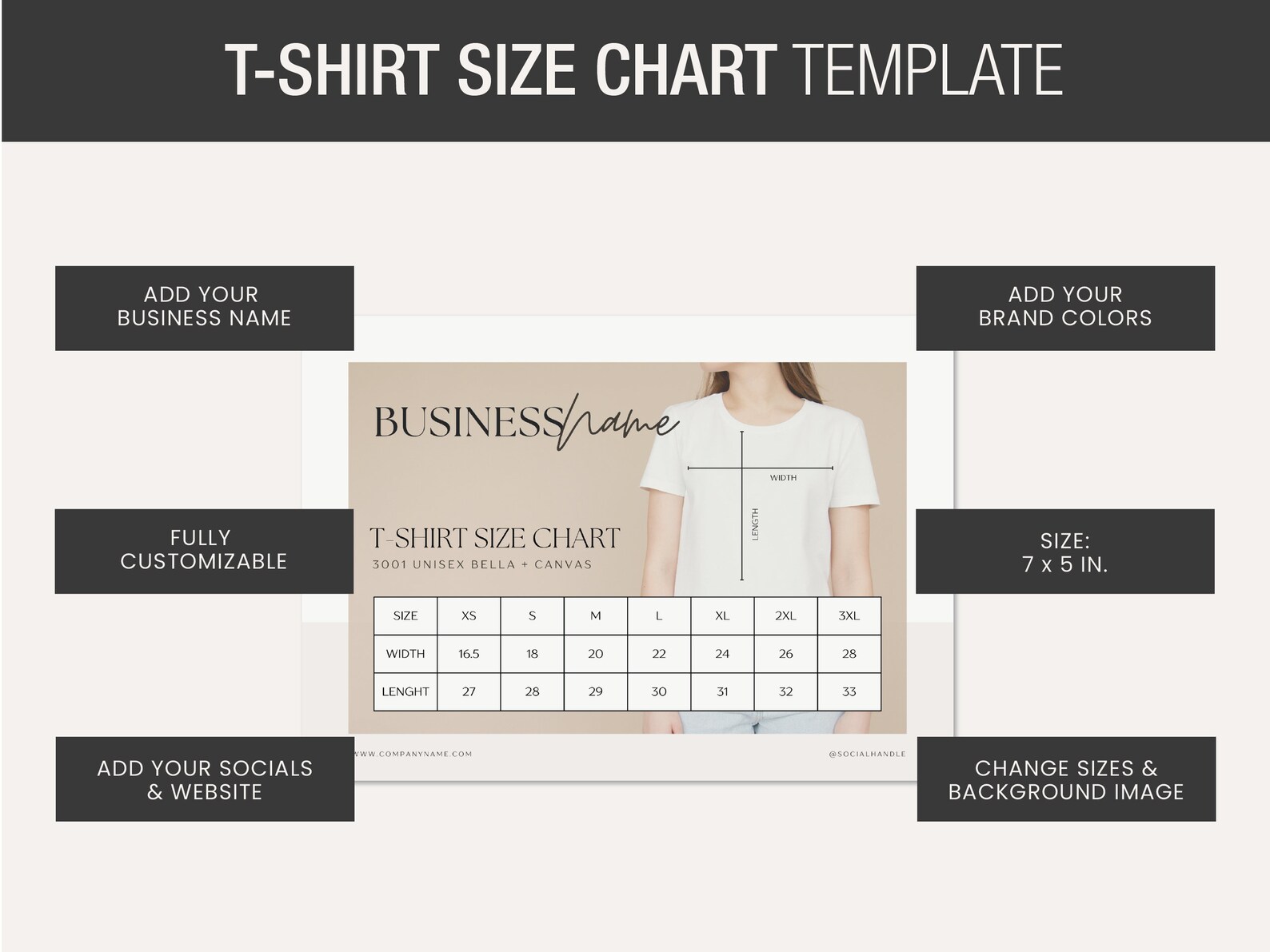 Bella Canvas 3001 Size Chart Template, 3001 Size Chart Canva, Size ...