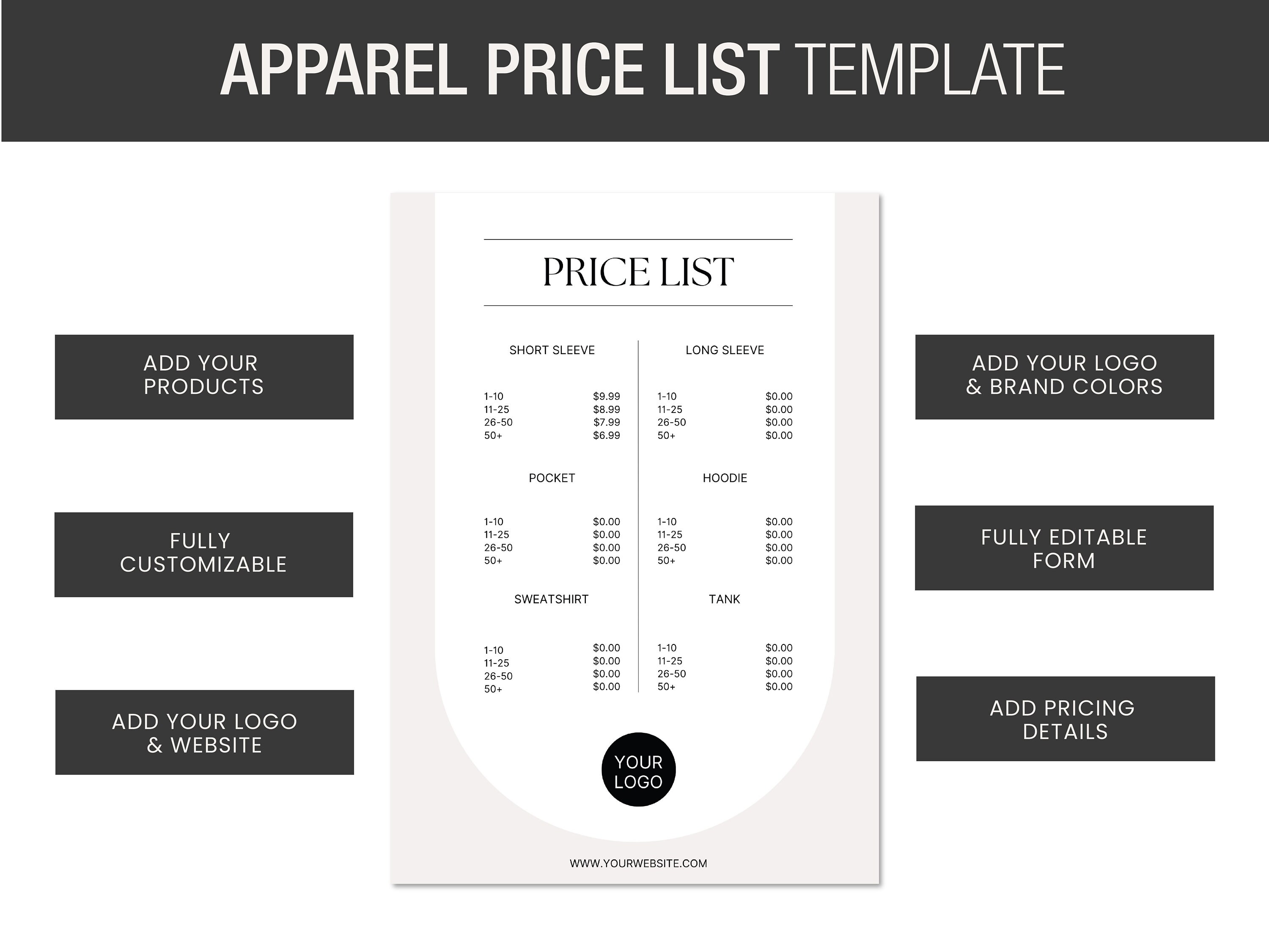 Editable Apparel Price List Template, Small Business Price List, T ...