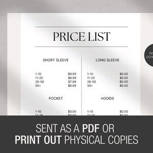 Editable Apparel Price List Template, Small Business Price List, T ...