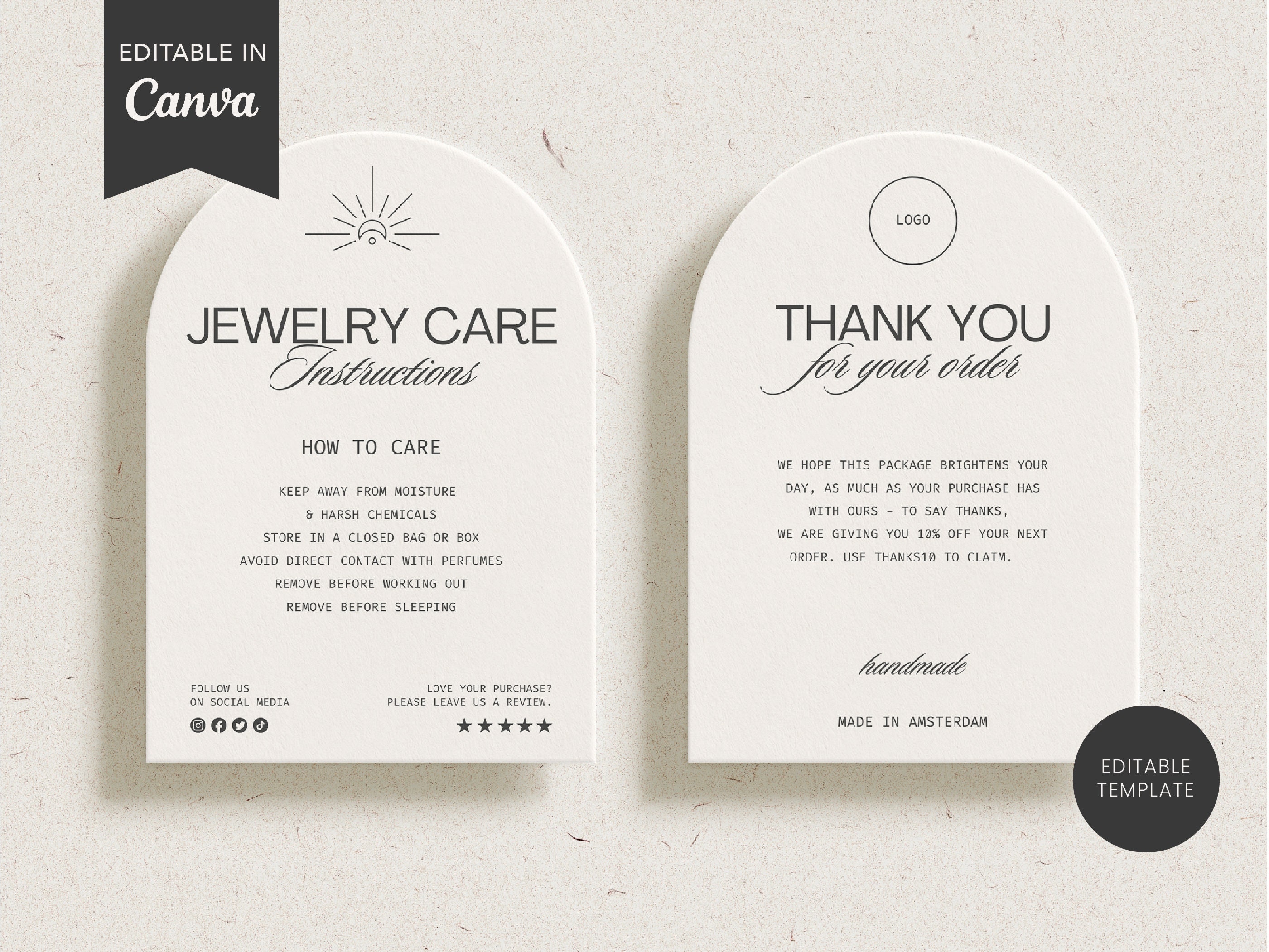 Editable Jewelry Care Card Template With Business Thank You Card ...