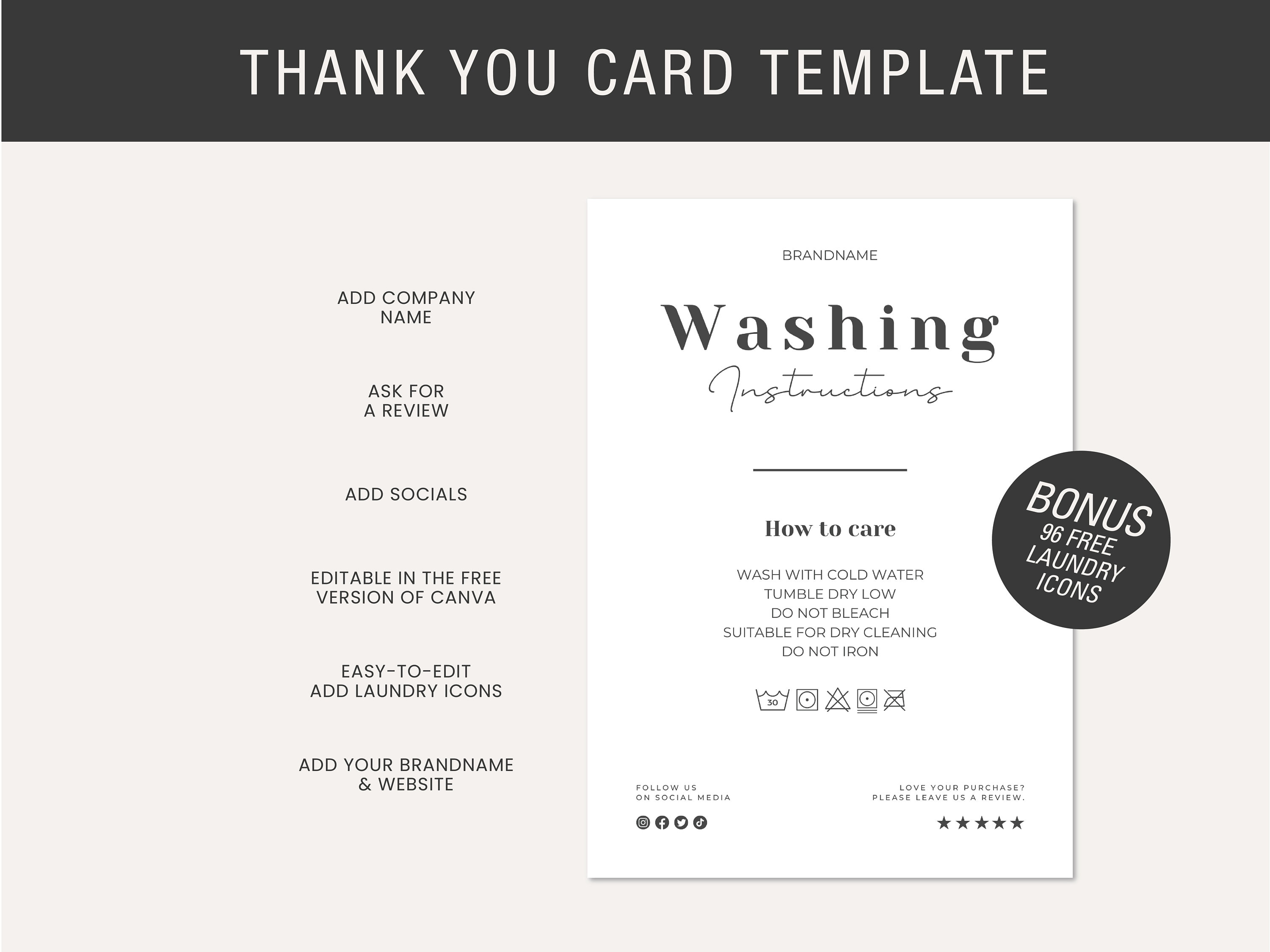 Washing Instructions Card Template, Editable Care Card, Thank You Card ...