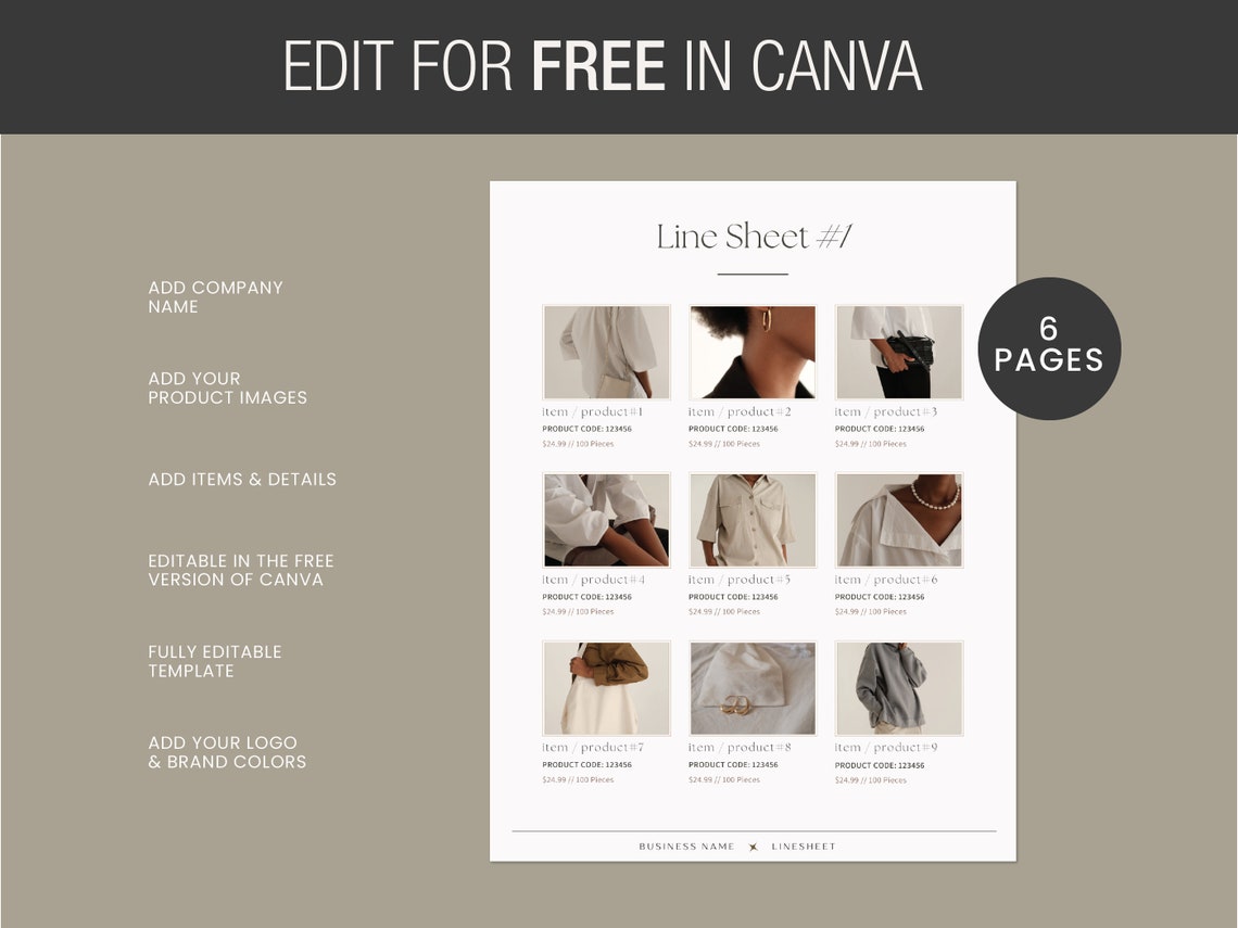 Printable Line Sheet Template, Wholesale Line Sheet, Wholesale ...