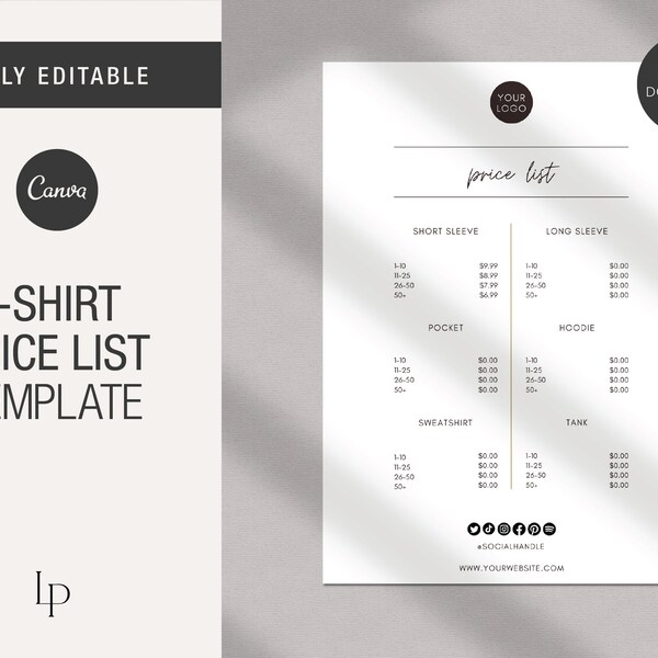 T Shirt Price List Template - Etsy
