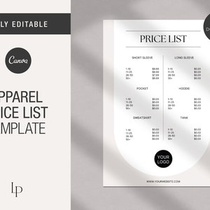 Editable Apparel Price List Template, Small Business Price List, T ...