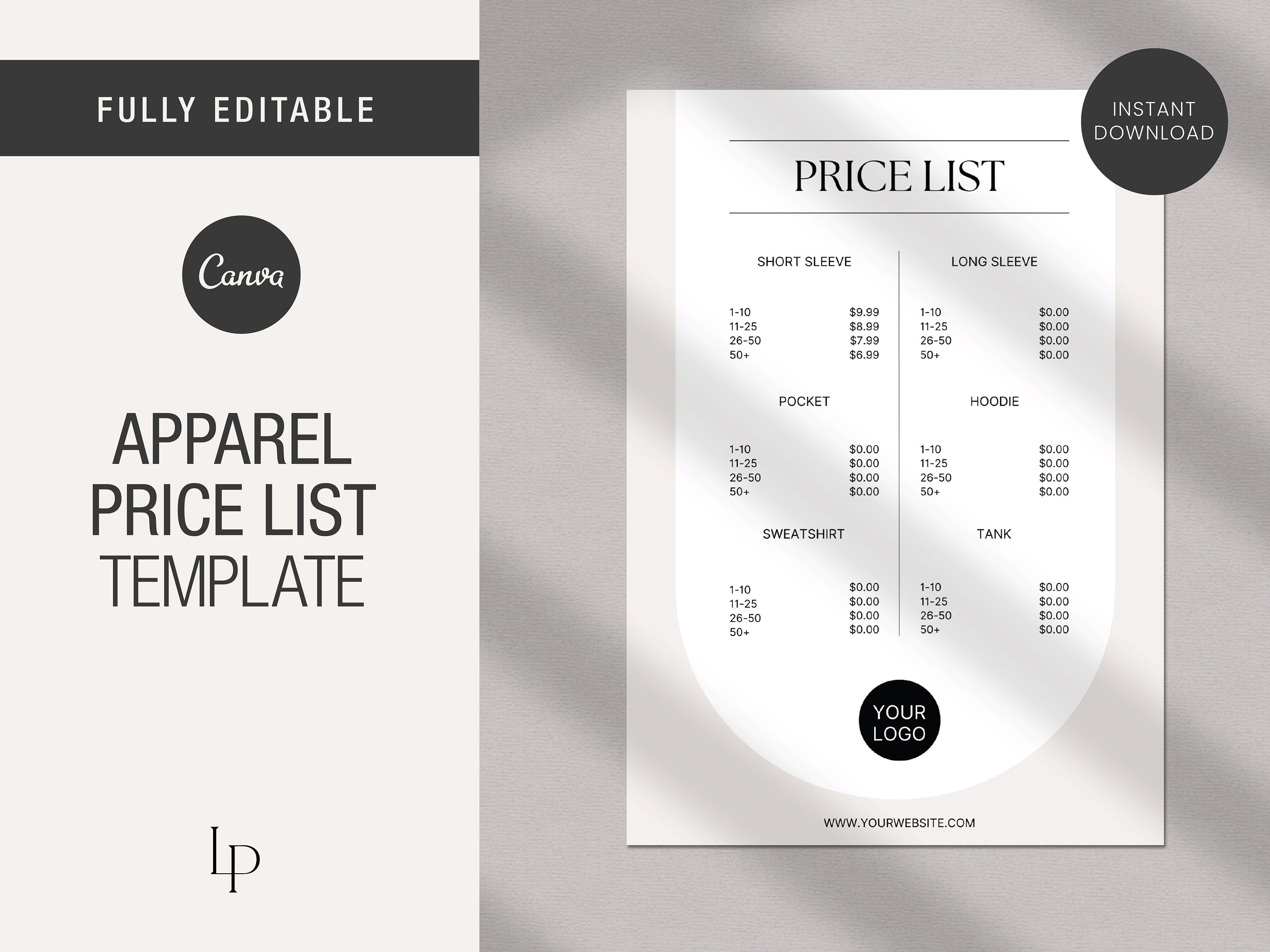 Editable Apparel Price List Template, Small Business Price List, T ...