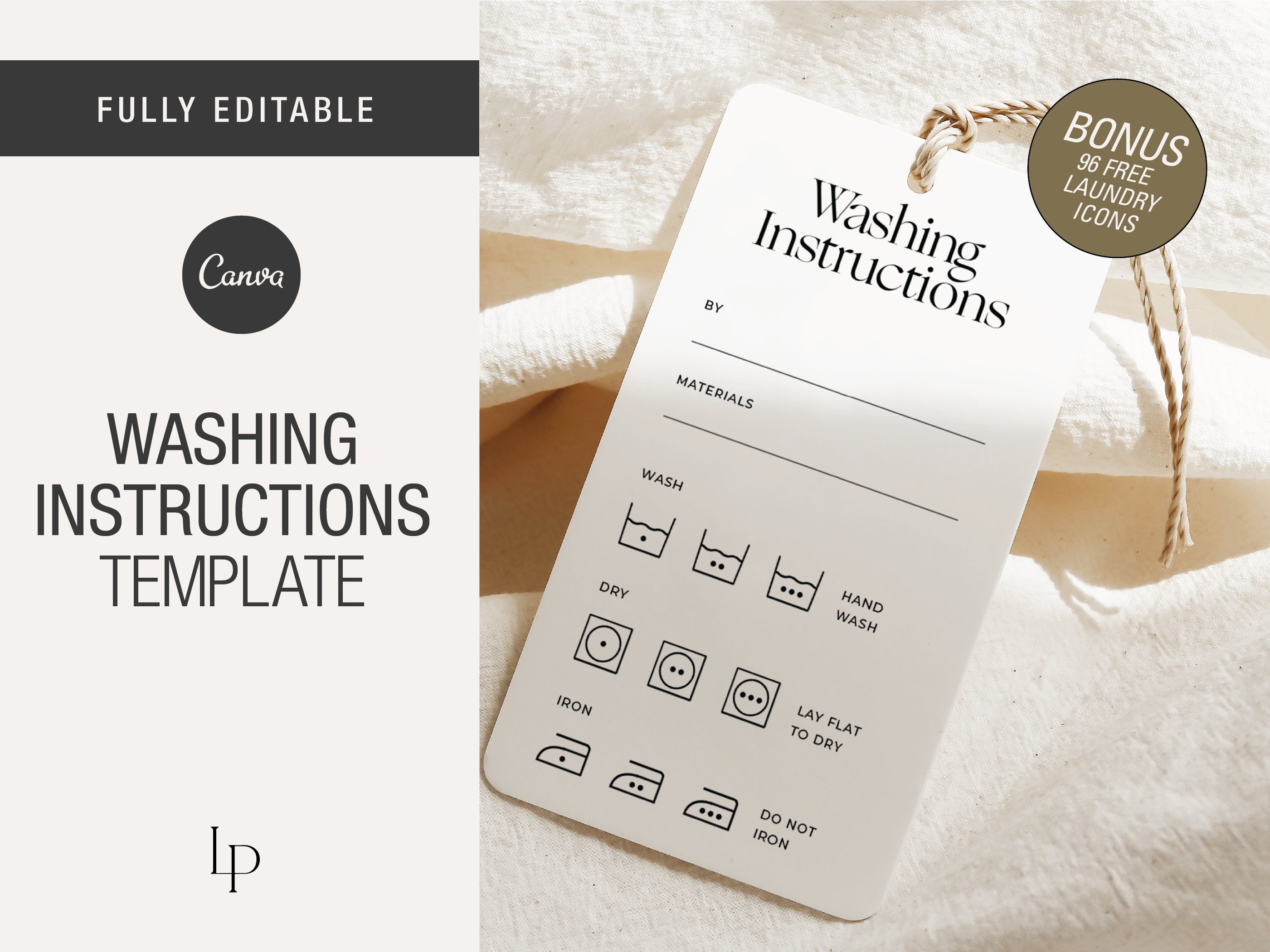 Editable Washing Instructions Card Template, Printable Clothing Care ...