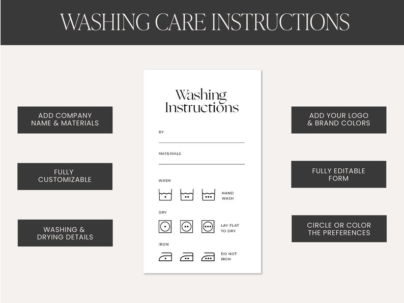 Editable Washing Instructions Card Template, Printable Clothing Care ...
