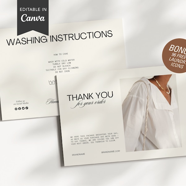 Clothing Care Card Template, Custom Thank You Card Canva, Washing ...