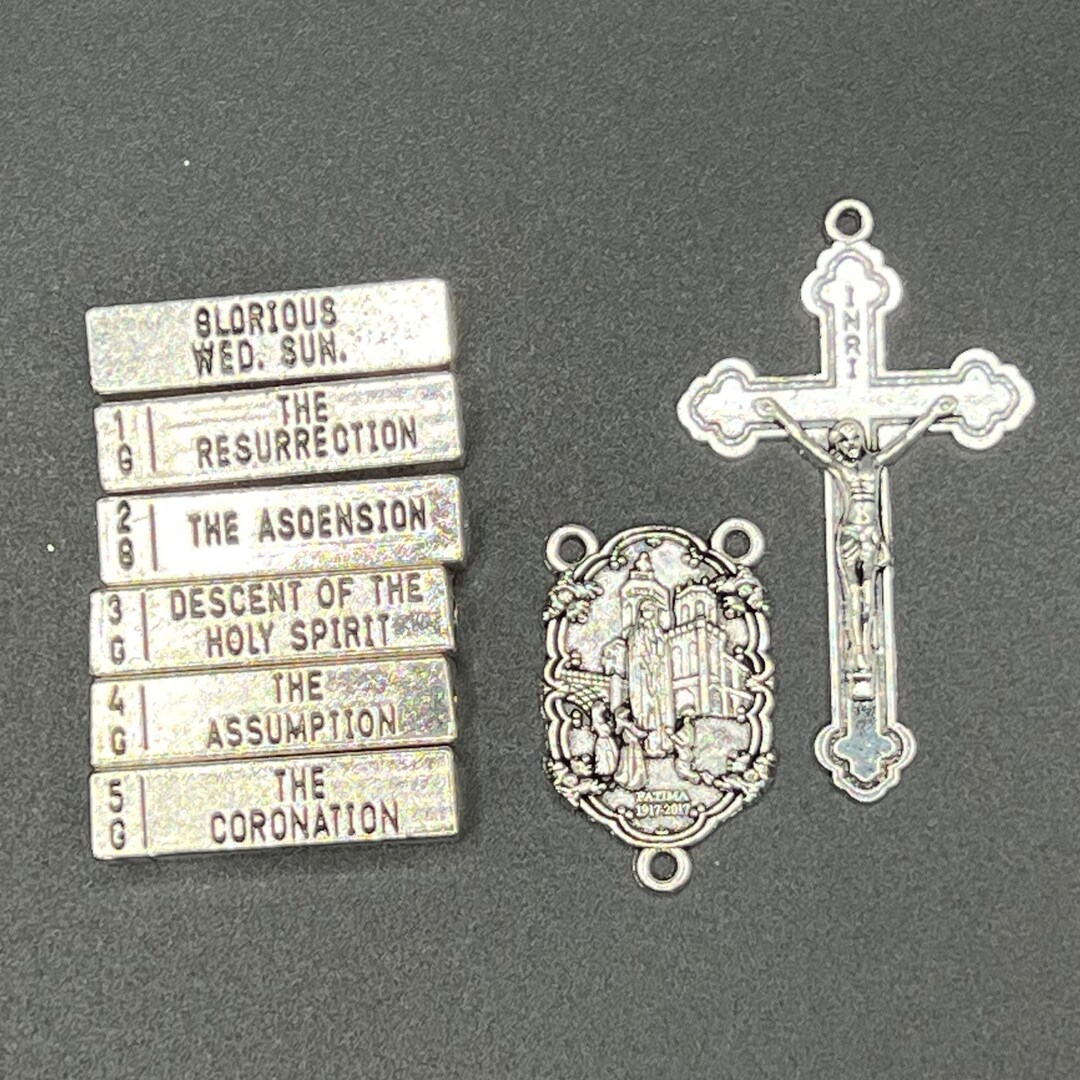 Mysteries of the Rosary Beads Set: Silver Fatima Centerpiece, Crucifix ...