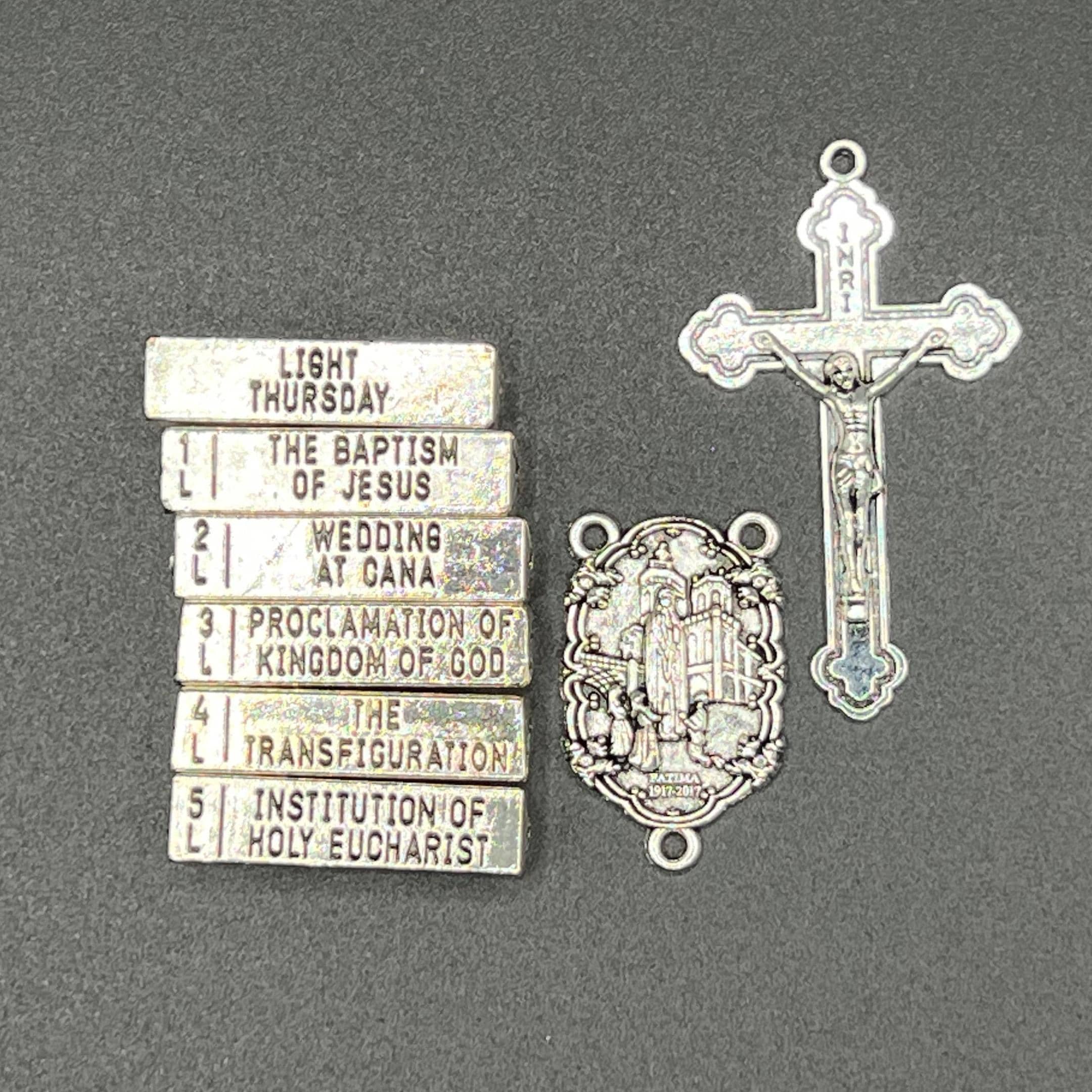 Mysteries of the Rosary Beads Set: Silver Fatima Centerpiece, Crucifix ...
