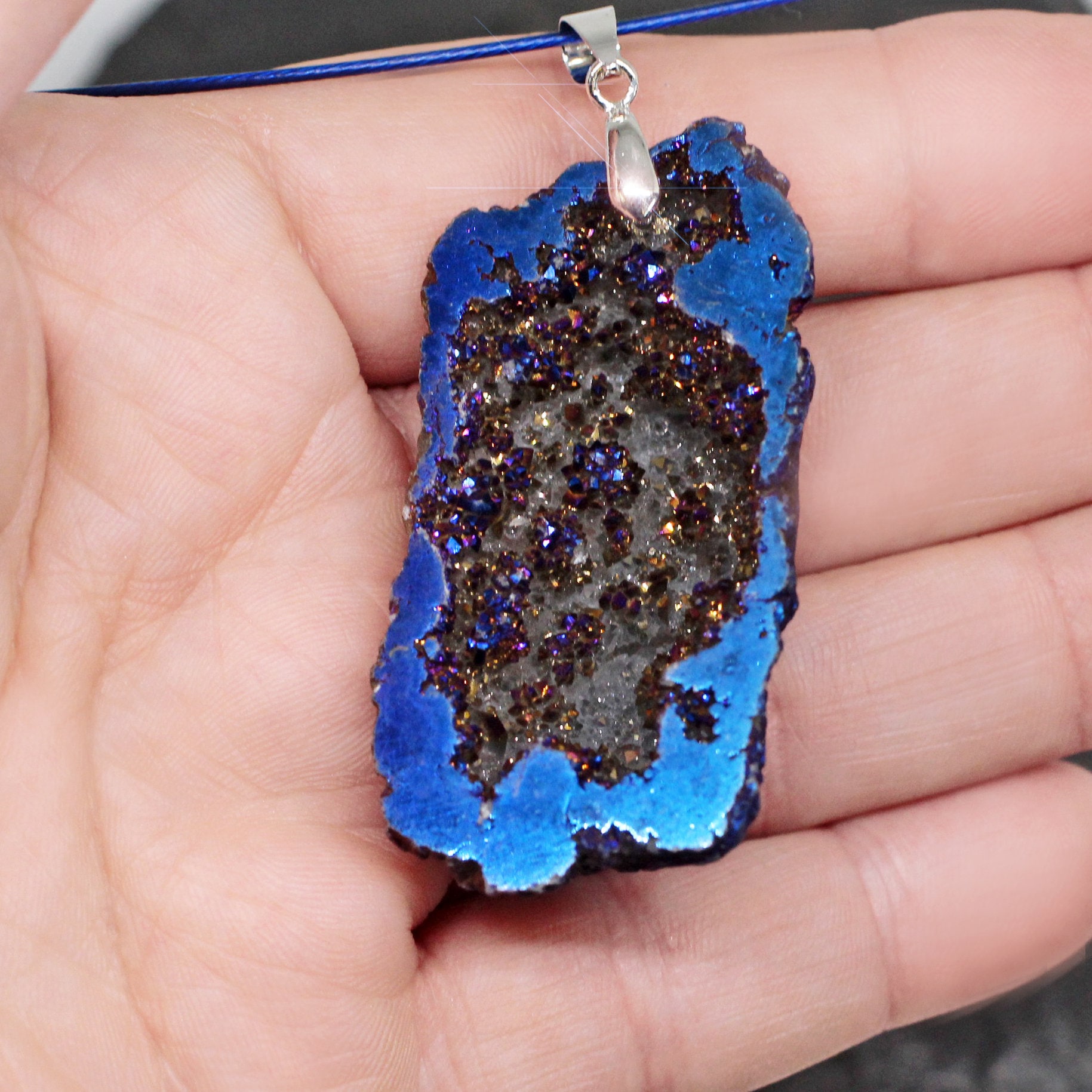 Cobalt Blue Titanium Agate Druzy Half Geode Gemstone Pendant With Wire ...