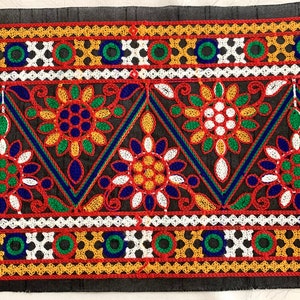 Extra Broad Black Art Silk Trim, Multi-coloured Embroidered Trim, Hand ...