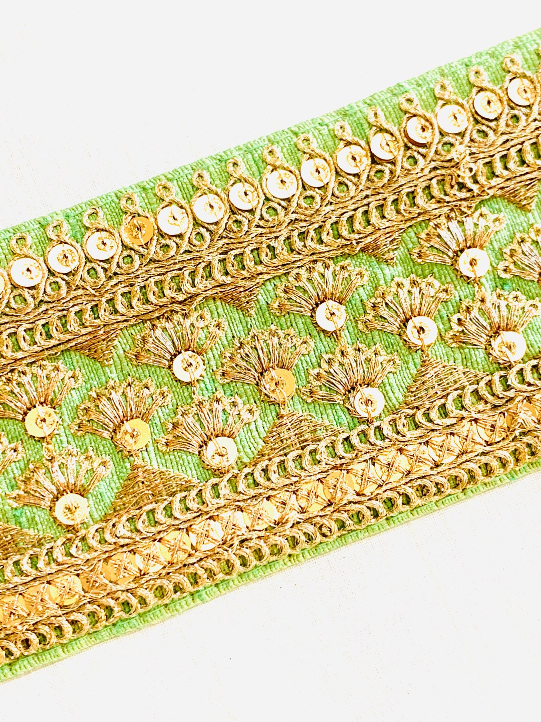 Soft Green Embroidered Raw Silk Trim, Gold Metallic Sequins Golden ...