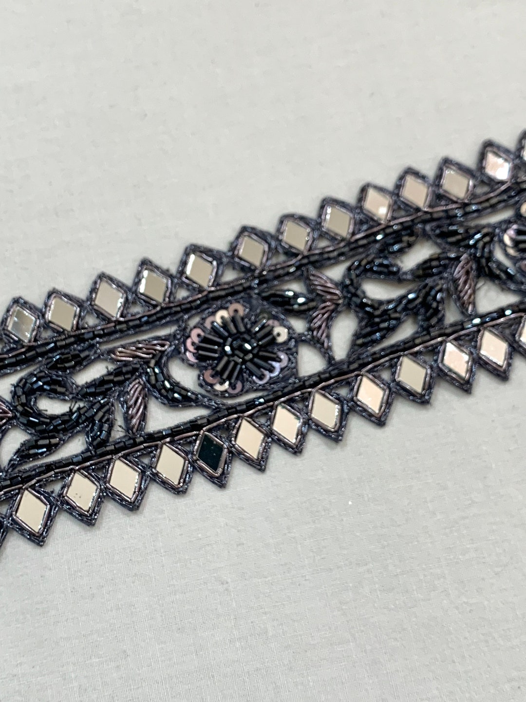 Grey Hand Beaded Trim, Grey Party Trim, Fashion Trim, Grey Cut Work ...