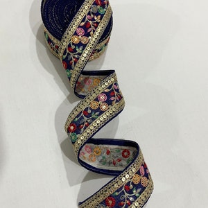 Navy Blue Embroidered Trim, Multicolour Trim, Evening Wear Trim, Border ...