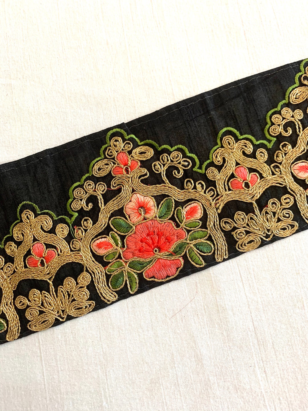 Black Embroidered Trim, Golden Cord Embroidery, Traditional Border ...