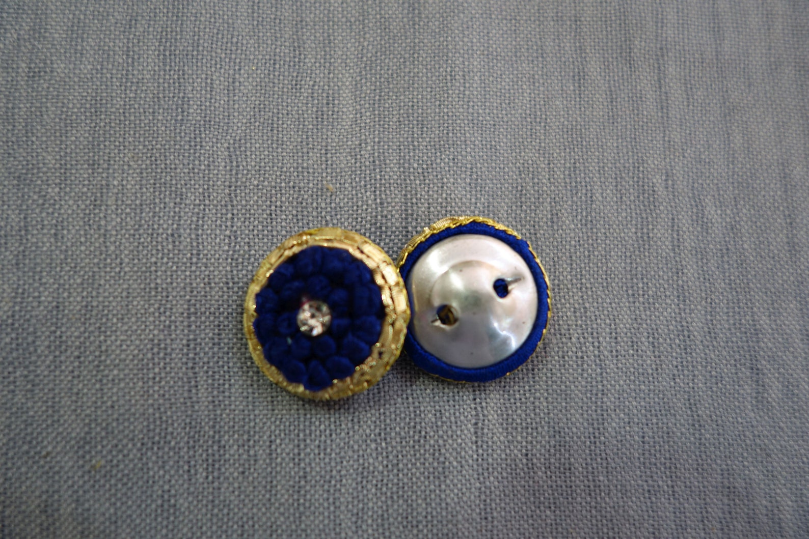Hand Embroidered Button Button With Crystal Navy Blue Gold - Etsy