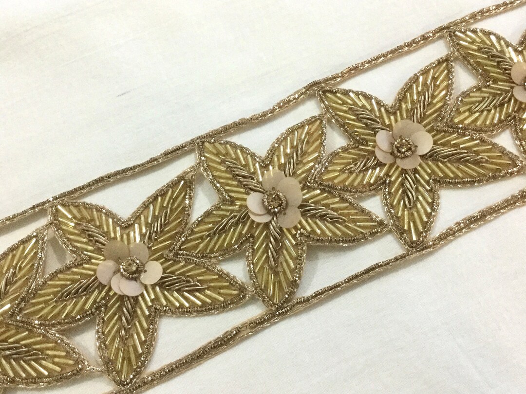 Golden Hand Beaded Trim - Golden Designer Trim - Gold Hand Embroidered ...