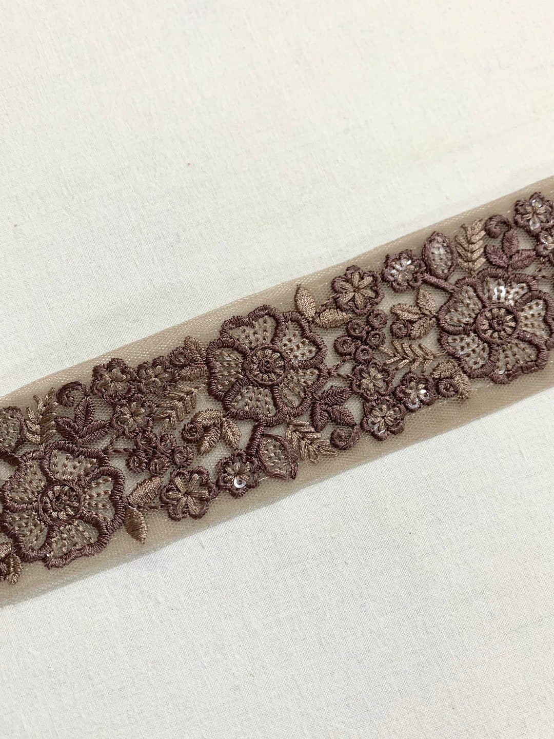 Brown Trim, Wet Sand Embroidered Trim, Luxurious Tulle Border Trim ...