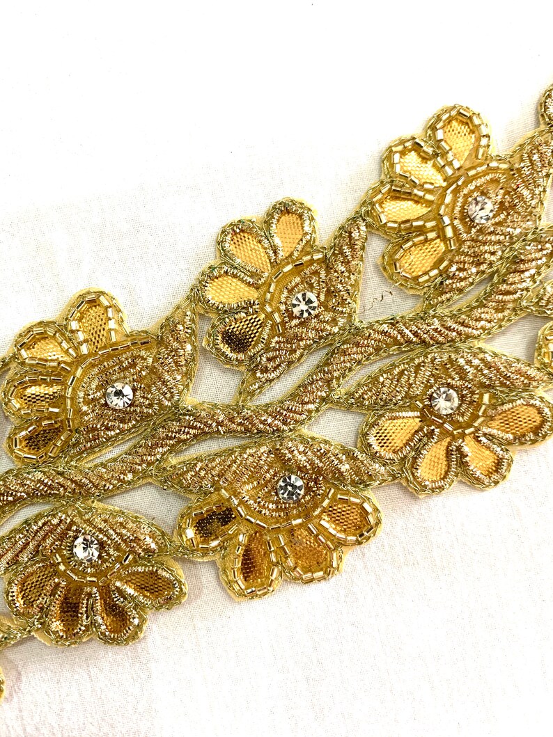 Gold Hand Embroidered Cotton Base Trim, Zardosi Thread Floral Cut Work ...