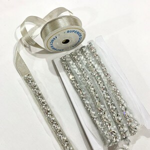 Silver Bridal Trim, Silver Crystal Trim, Silver Hand Beaded Trim, Trim for Bridal Belt, Hand ...