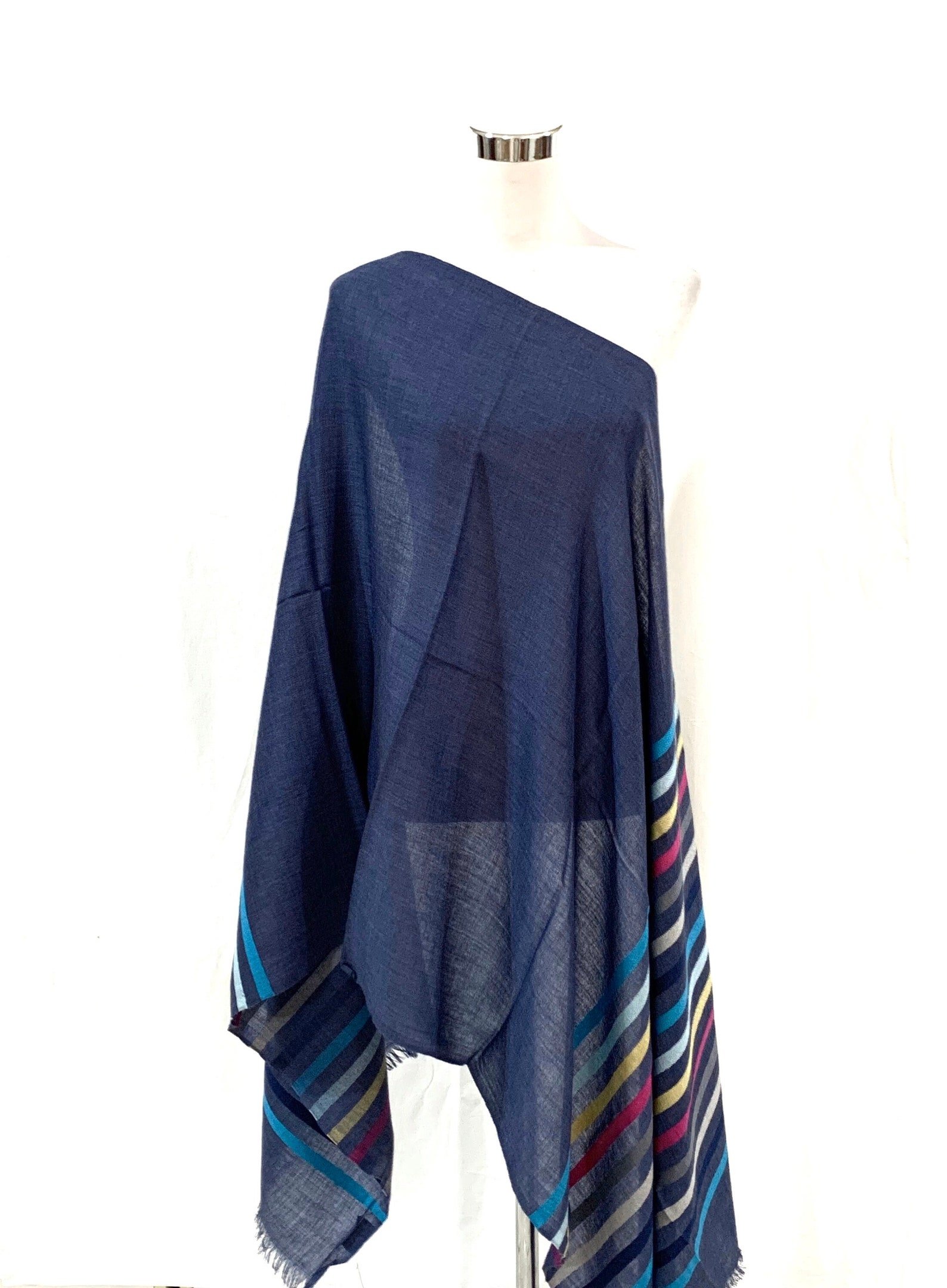 Wide Unisex Blue Shawl, Silk Wool Feel Good Stripped Shawl, Winter N ...
