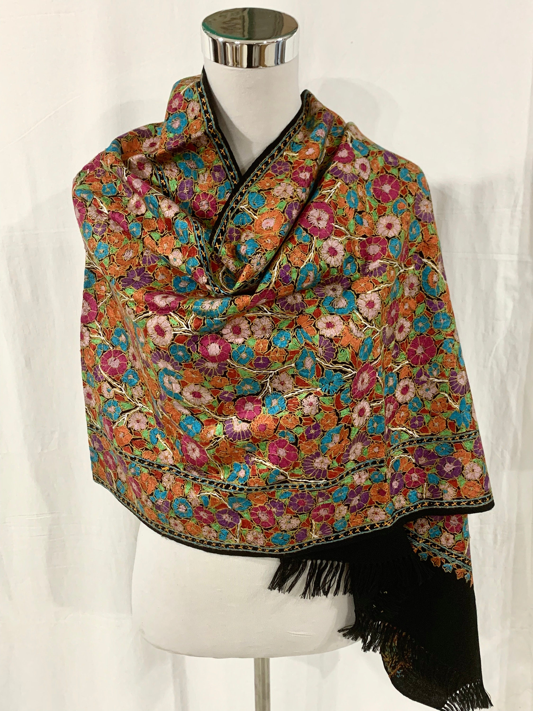 Black Base Bright Coloured Wool Shawl, Total Hand Embroidered Woollen ...