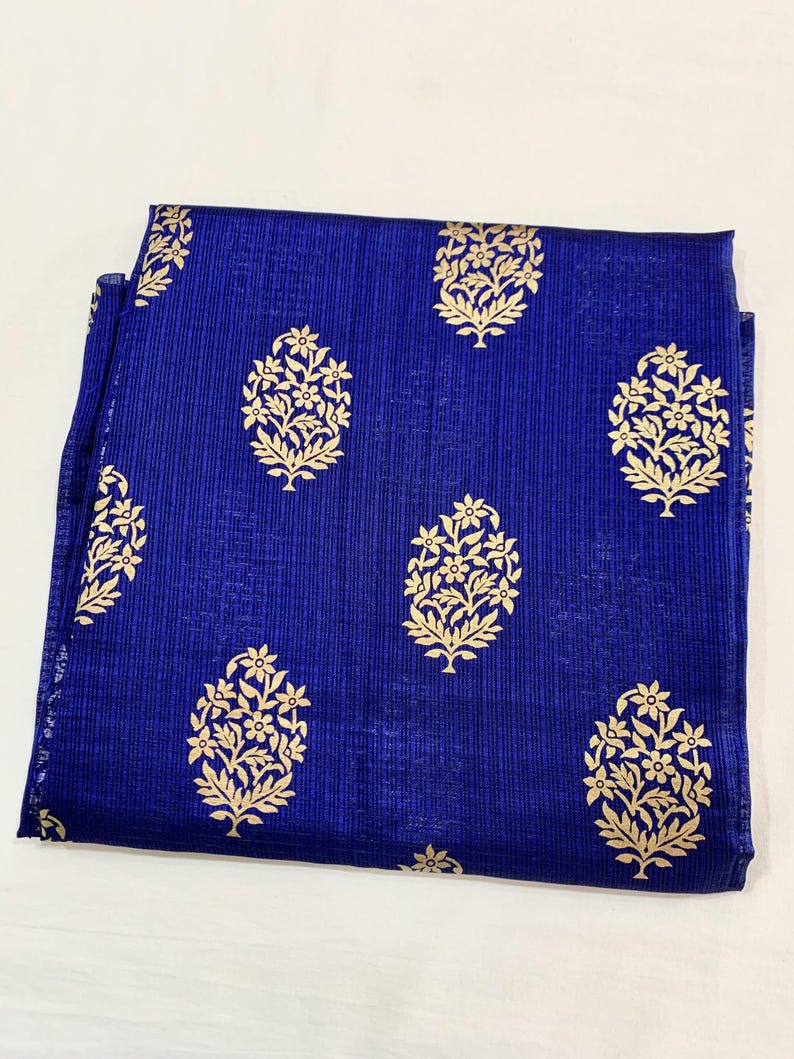 Navy Blue Silk Fabric - Navy Blue Cotton Silk Fabric - Gold Block ...