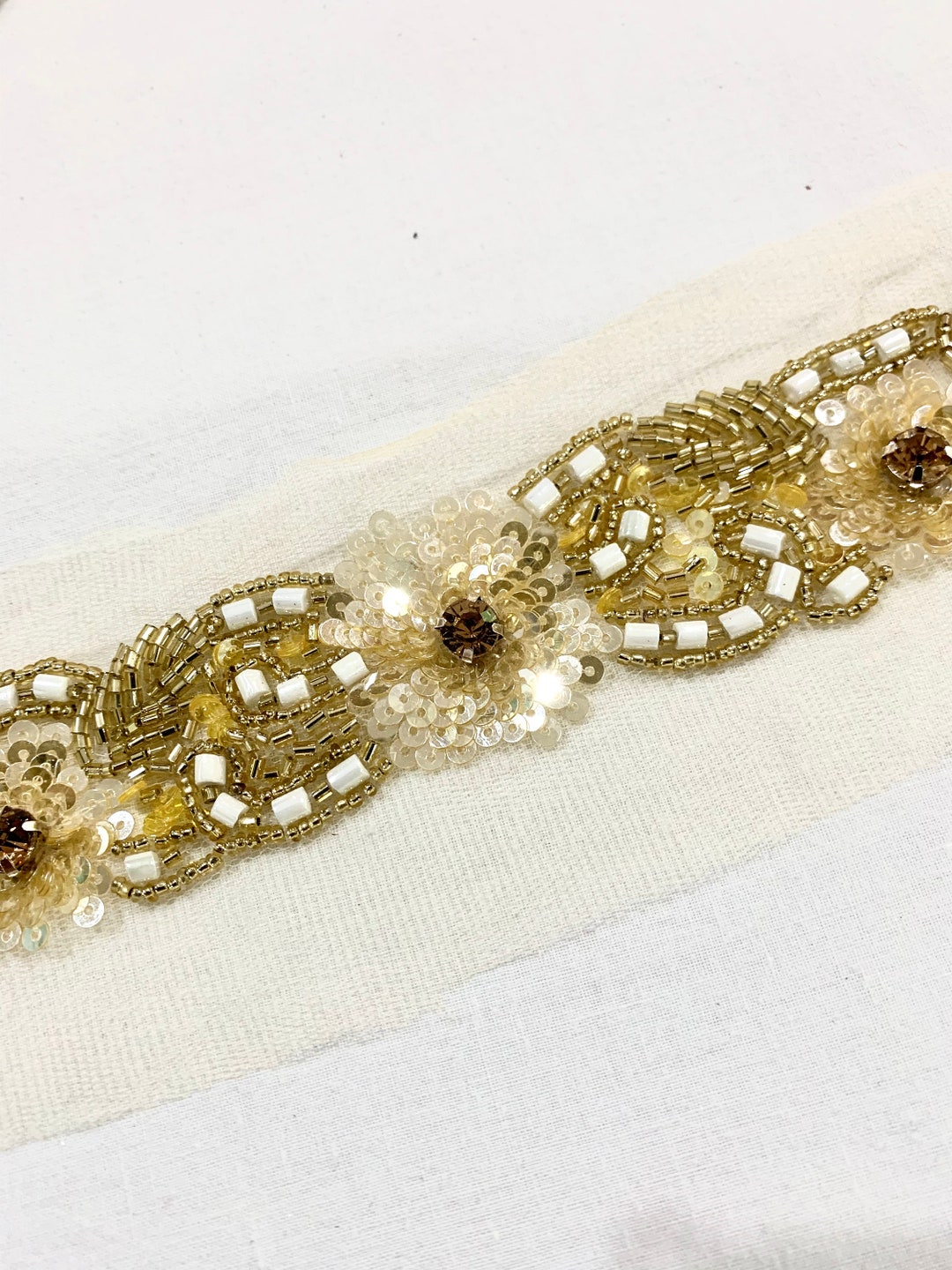 Golden Hand Beaded Trim, Gold Hand Embroidered Trim, Gold Bridal Trim ...