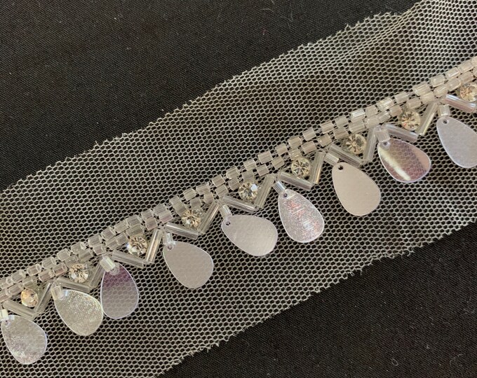 White Hand Beaded Net Trim, Hanging Drop Sequins Fringe, Crystals Beads ...