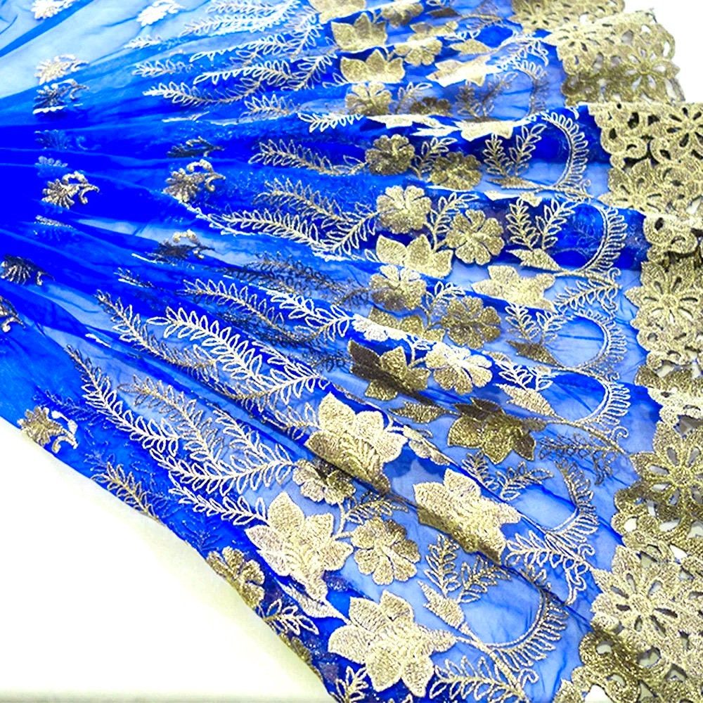 Blue Tulle Fabric, Royal Blue N Gold Fabric, Floral Formal Wear Fabric ...