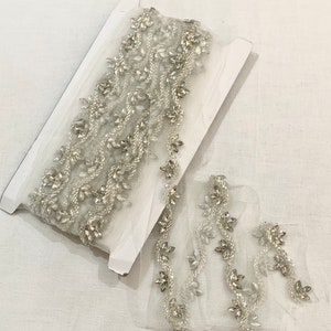 Silver Bridal Trim, Silver Crystal Trim, Silver Hand Beaded Trim, Trim for Bridal Belt, Hand ...
