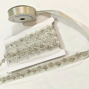 Silver Bridal Trim, Silver Crystal Trim, Silver Hand Beaded Trim, Trim for Bridal Belt, Hand ...