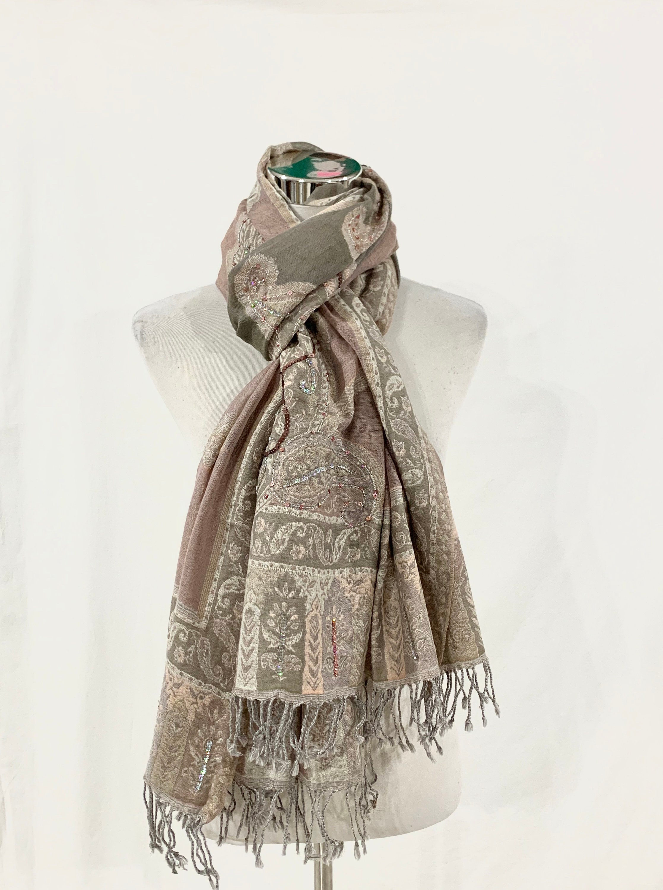 Pink N Green Pure Woollen Shawl, Hand Beaded Pure Woollen Paisley Shawl ...