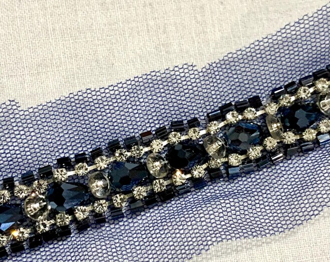 Navy Blue N Silver Trim, Crystal Trim, Navy Blue Hand Beaded Trim ...