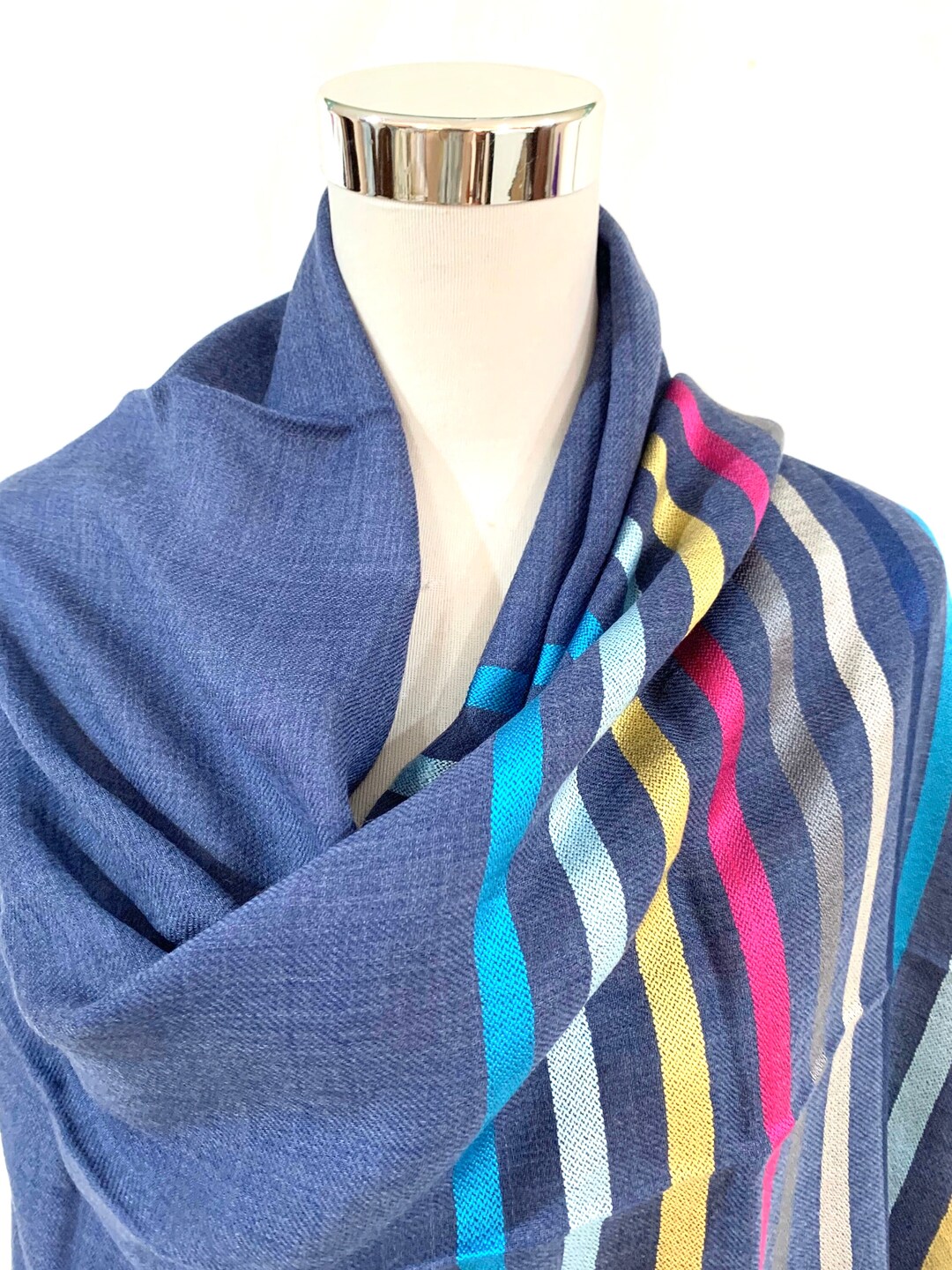 Wide Unisex Blue Shawl, Silk Wool Feel Good Stripped Shawl, Winter N ...