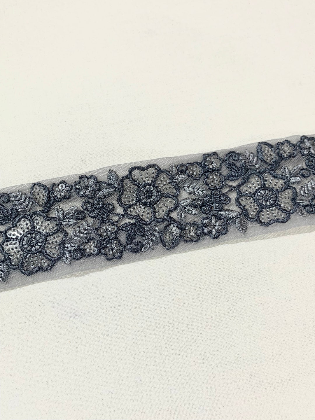 Grey Trim, Steel Grey Embroidered Trim, Luxurious Tulle Border Trim ...