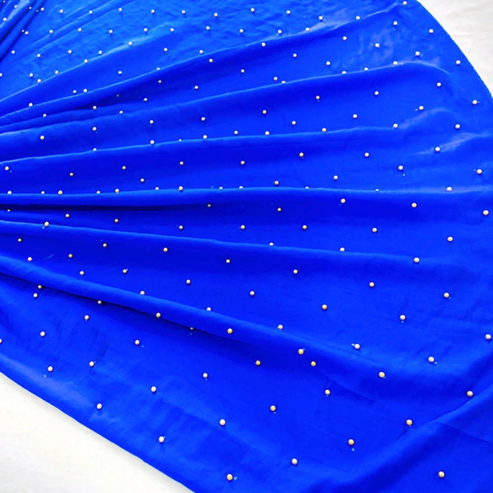 Royal Blue Satin Silk Fabric, Pearls Studded Fabric, Formal Wear Fabric ...