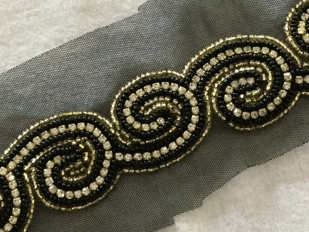 Black N Gold Trim, Swirl Pattern Trim, Black Hand Beaded Trim, Crystals ...
