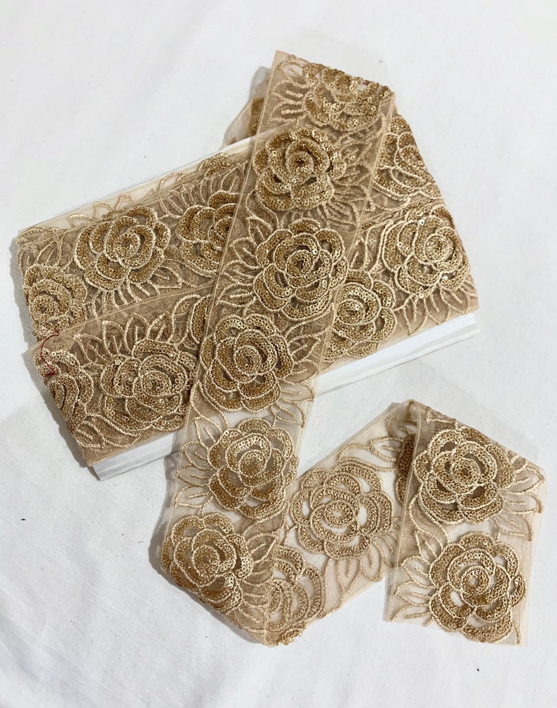 Gold Sequins Trim - Gold Trim - Golden Rose Trim - Tulle Trim ...