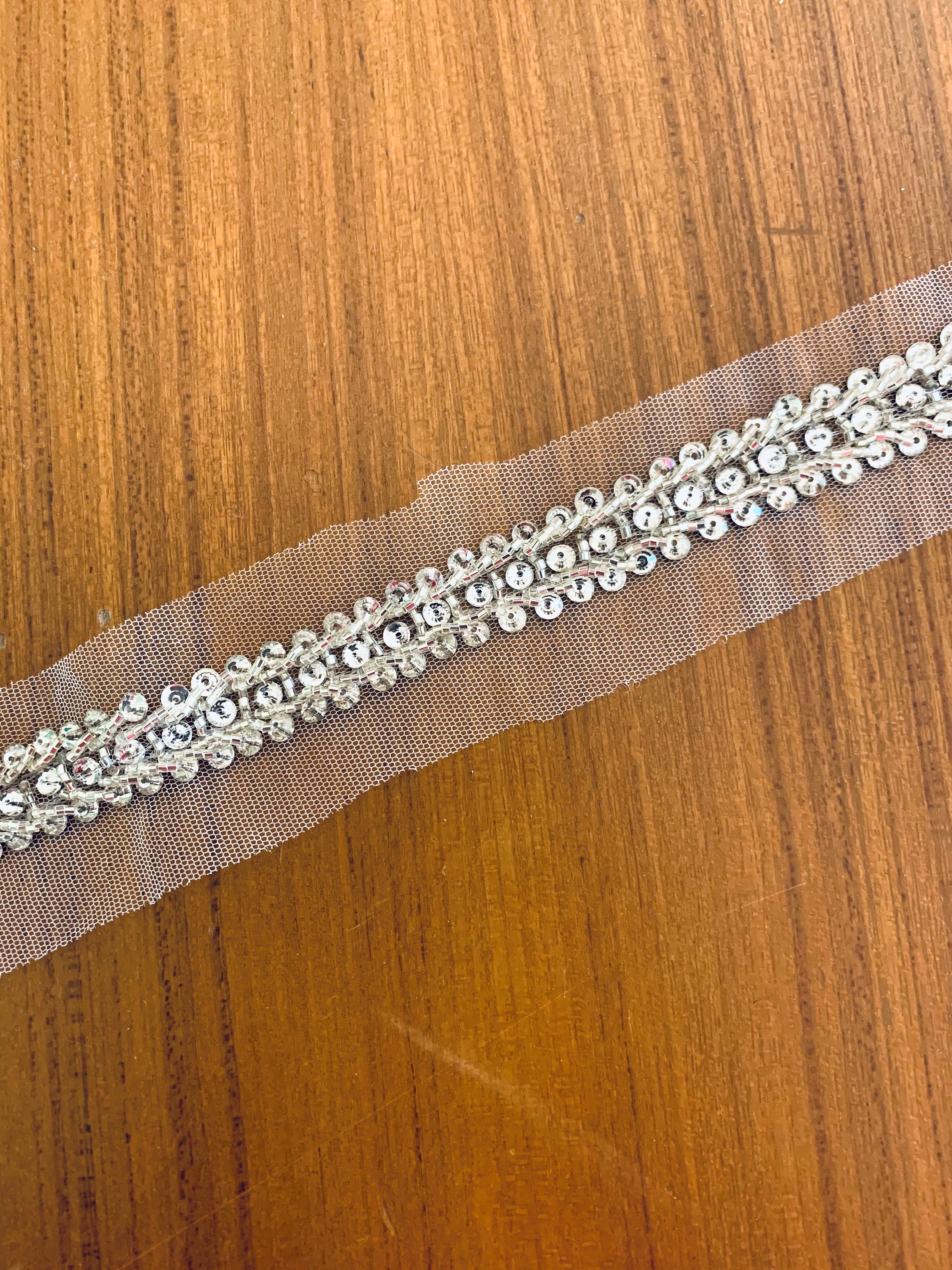 Silver Hand Beaded Net Trim, Fine Crystals Tube Bead Work, Traditional ...