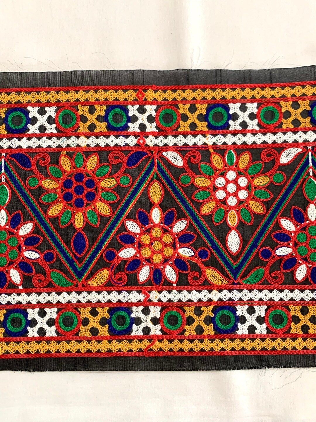 Extra Broad Black Art Silk Trim, Multi-coloured Embroidered Trim, Hand ...