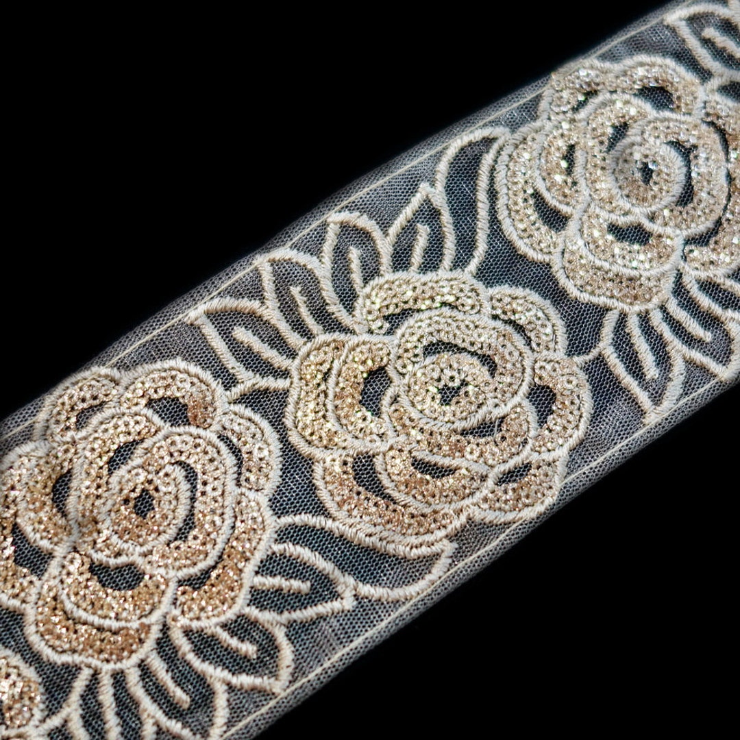 Gold Sequins Trim Gold Trim Golden Rose Trim Floral Trim Silk Trim ...