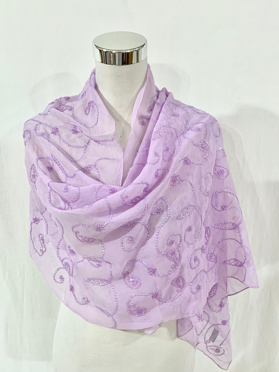 Soft Purple Georgette Shawl, Hand Beaded Georgette Shawl, Formal Wear ...