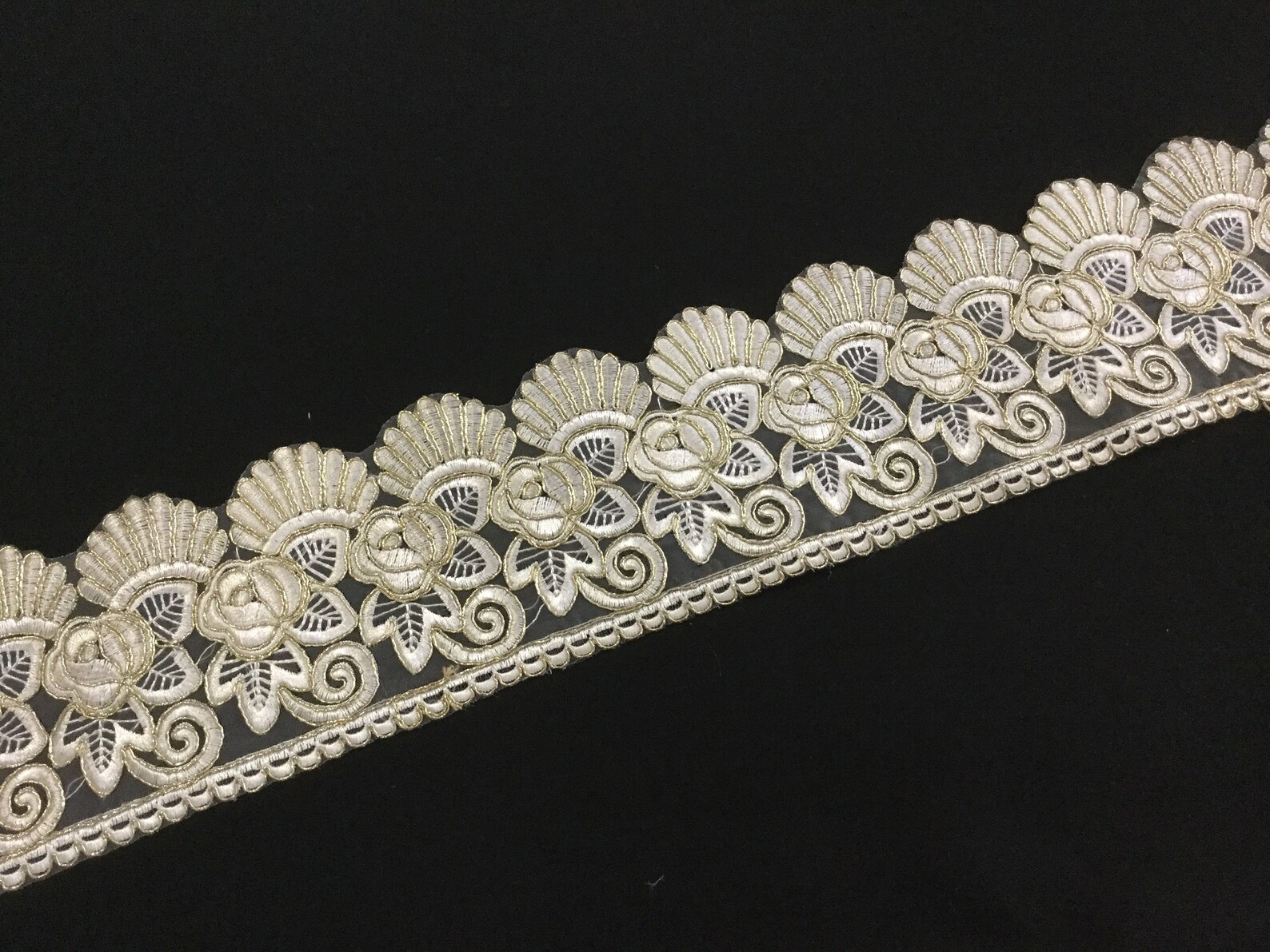 Cream N Gold Trim, Silk Embroidered Trim, Fine Golden Cord Trim, Sheer ...
