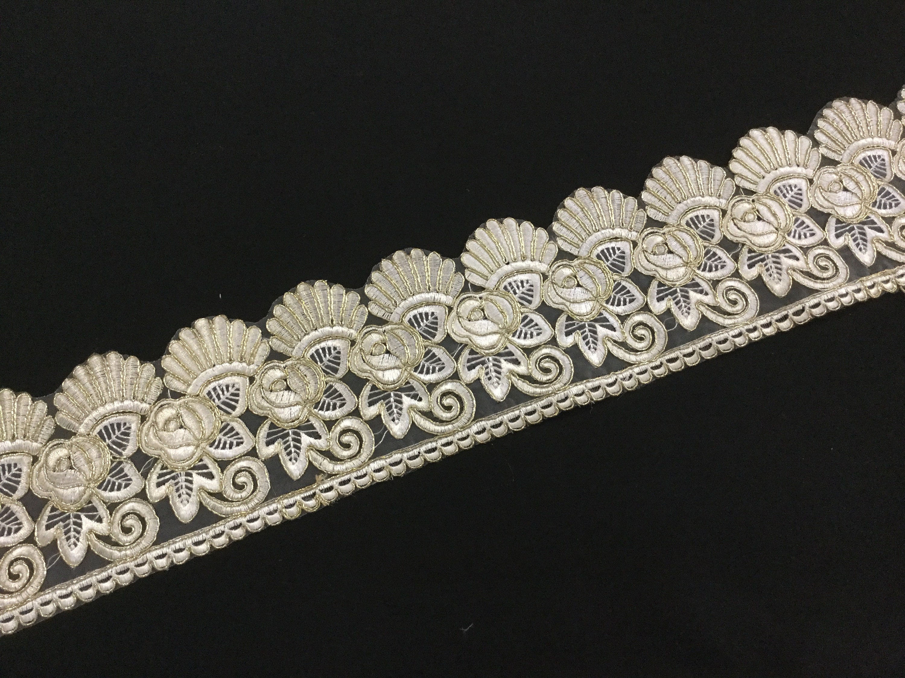 Cream N Gold Trim, Silk Embroidered Trim, Fine Golden Cord Trim, Sheer ...