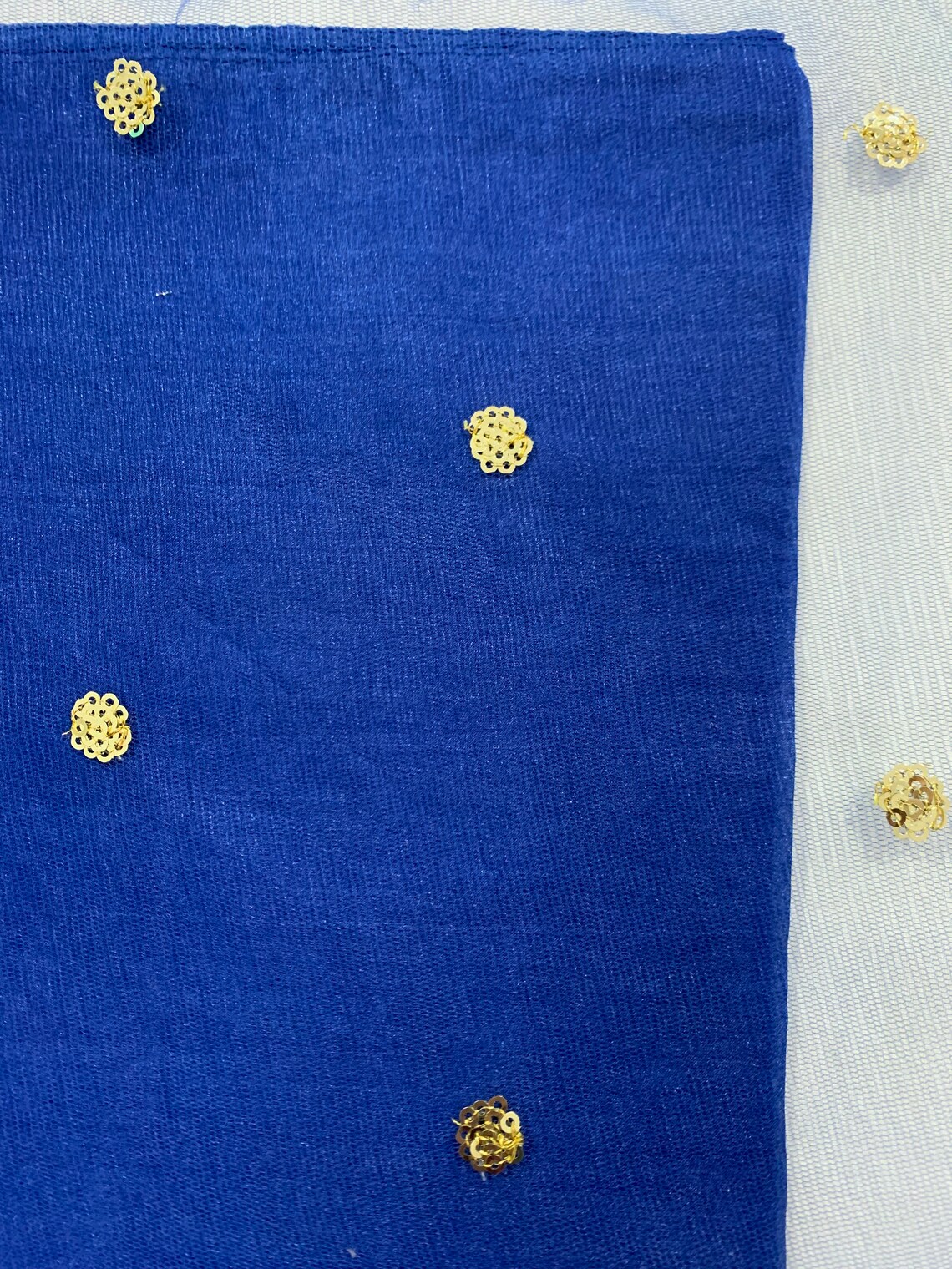 Royal Blue Fabric, Polka Dot Tulle Fabric, Golden Sequins Embroidered ...