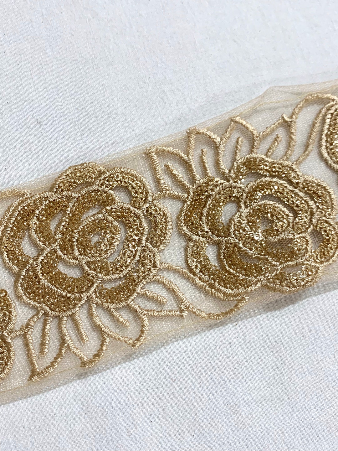 Gold Sequins Trim - Gold Trim - Golden Rose Trim - Tulle Trim ...