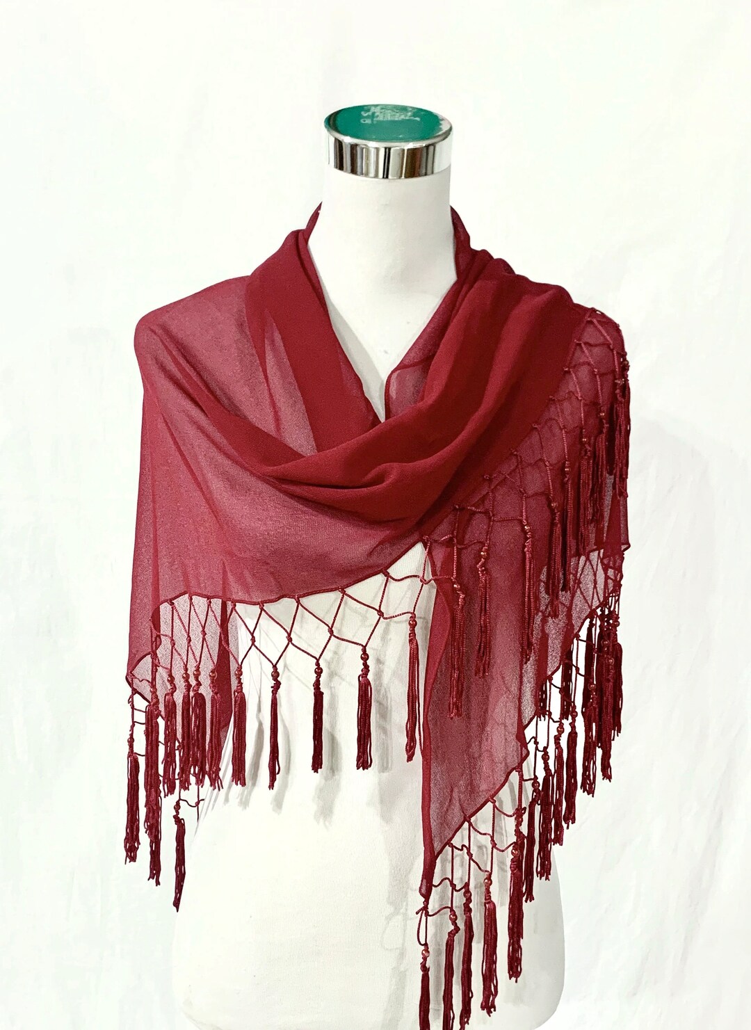 Red Triangular Scarf, Red Georgette Fringed Scarf, Hand Knotted Fringed ...